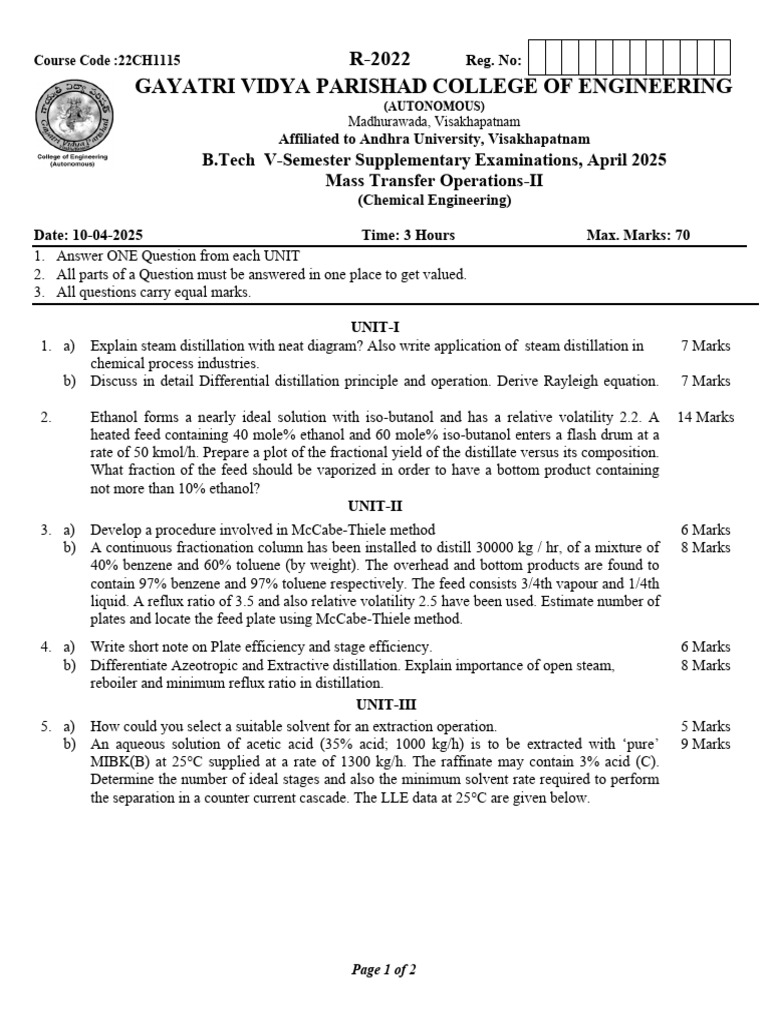 R2022 22CH1115 Mass Transfer Operations-II (CH | PDF | Distillation ...
