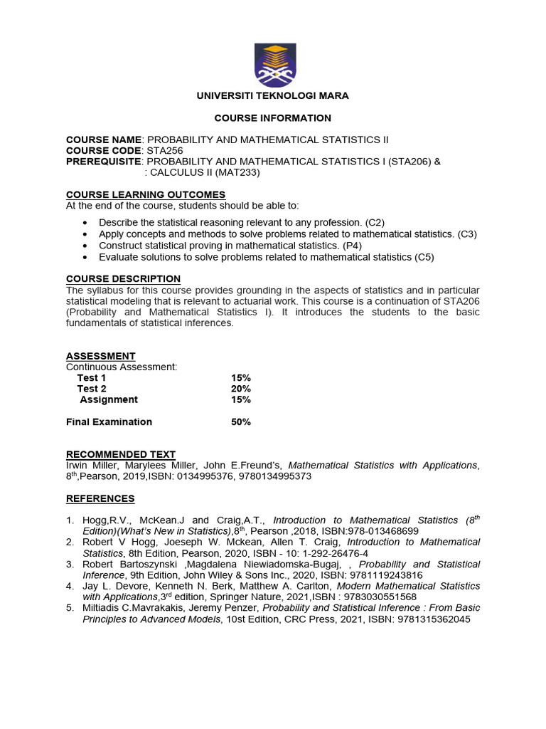 Sta256 Probability and Mathematical Statistics II - Course Information | PDF | Estimation Theory ...