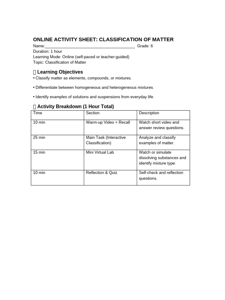 Classification of Matter Activity Sheet | PDF | Mixture | Applied And ...
