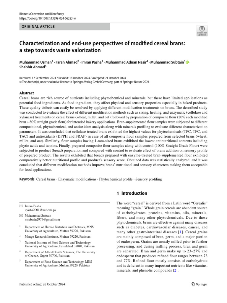 Characterization and End Use Perspectives of Modifed Cereal Brans | PDF | Bran | Whole Grain
