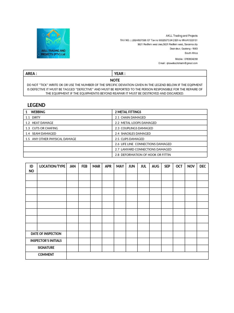 Inspection Register - Safety Harness | PDF