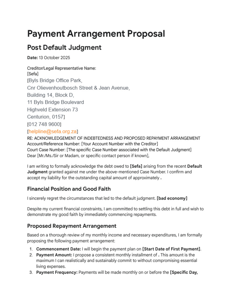 Payment Arrangement Proposal Post-Judgment | PDF | Debt | Judgment (Law)