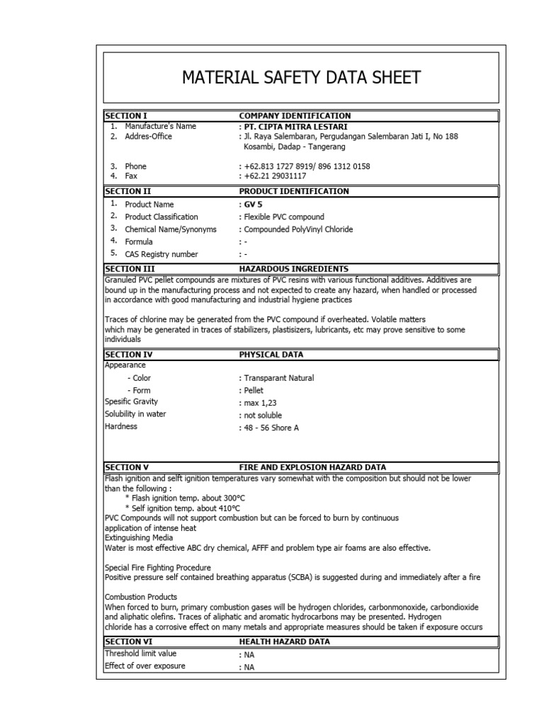 Msds Pvc Gv 5 Transparant | PDF | Polyvinyl Chloride | Incineration