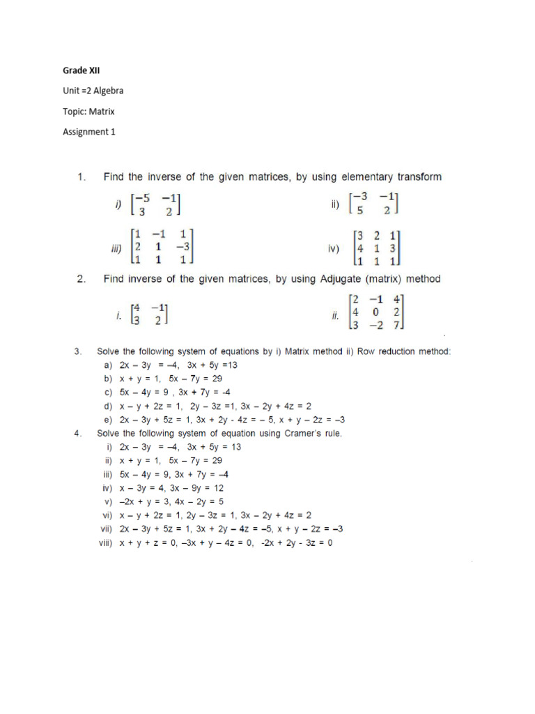 Matrix Worksheet XII | PDF