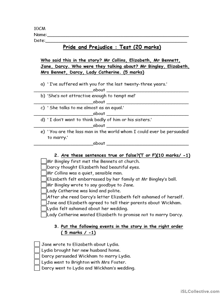 Pride and Prejudice Test Questions | PDF