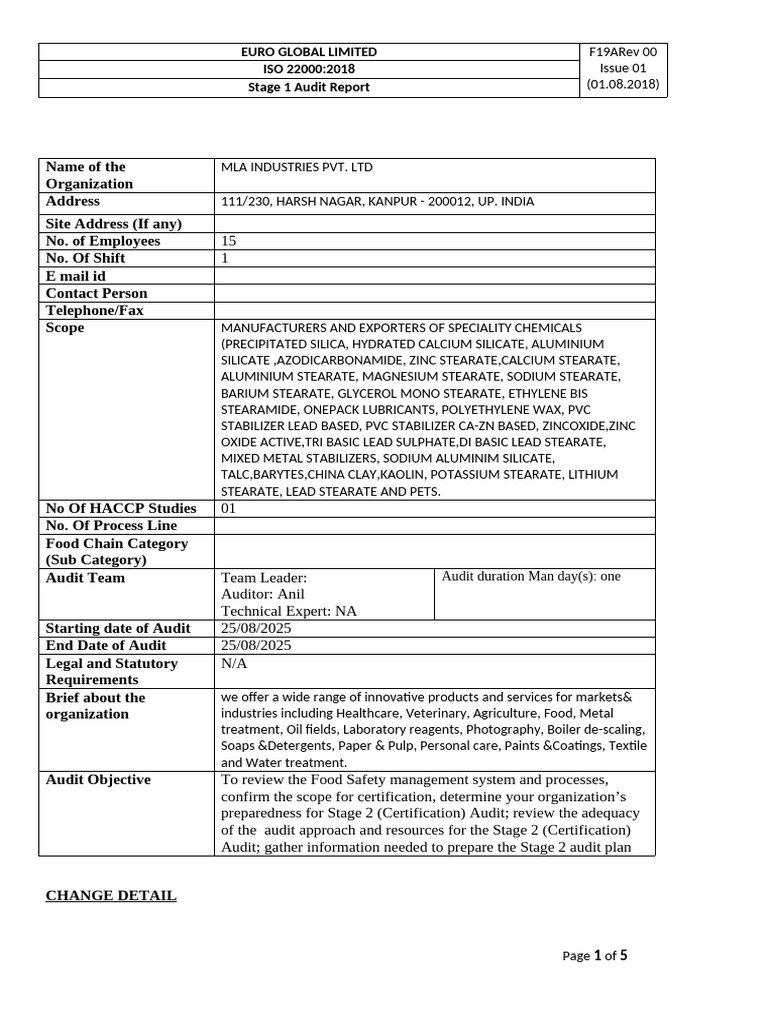 ISO 22000:2018 Stage 1 Audit Report | PDF | Audit | Auditor's Report