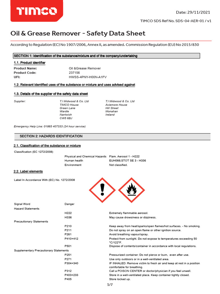 Oil & Grease Remover Safety Data Sheet | PDF | Occupational Safety And ...