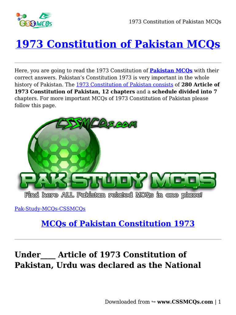 1973 Constitution of Pakistan MCQs-1 | PDF | Pakistan | Government