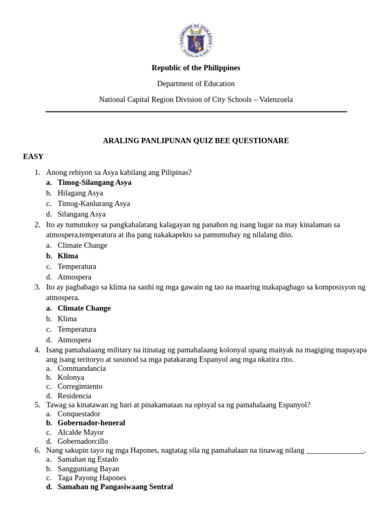 Dves - Quiz Bee Questionare | PDF