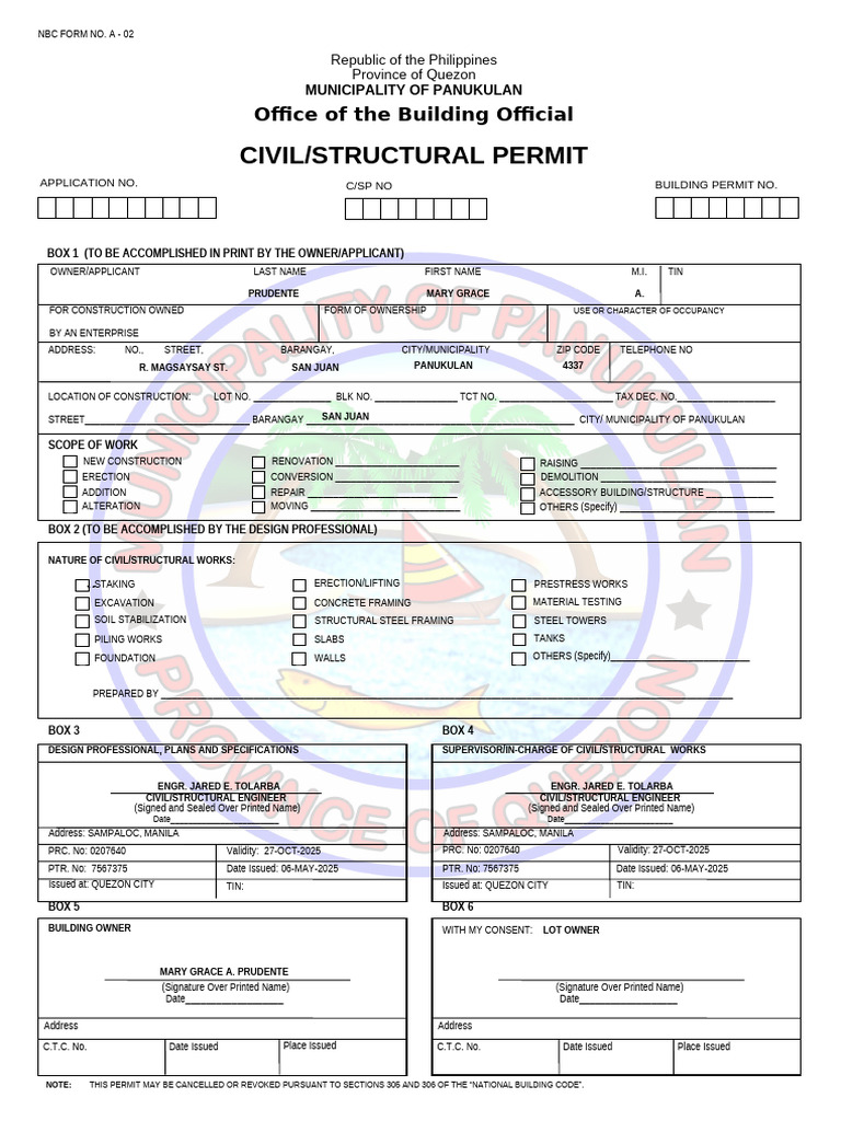 Civil Structural Permit (Front) | PDF | Building Technology | Civil Engineering
