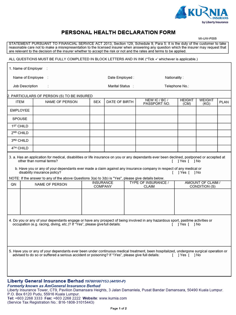 Kurnia Health Declaration Form 2 1 | PDF | Insurance | Employment