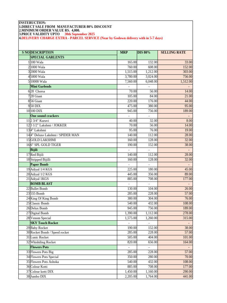 Crackers Till 30th Sep 2025 - Thomas 9543886030 | PDF