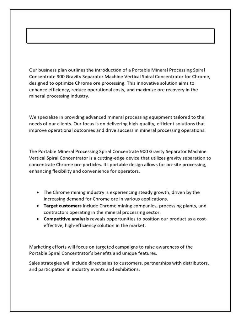 Business Plan For Portable Mineral Processing Spiral Concentrate 900 ...