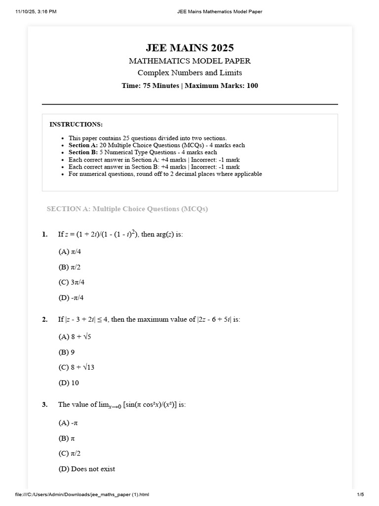 JEE Mains 2025 Mathematics Model Paper | PDF | Pi