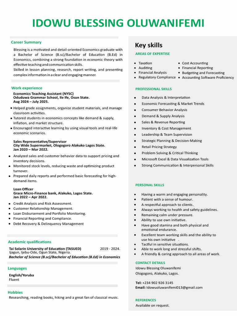 Idowu Blessing Oluwanifemi CV | PDF | Inventory | Business