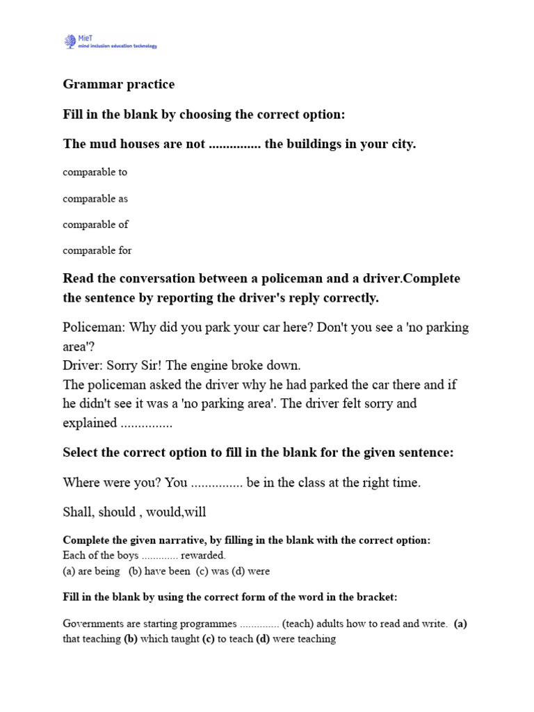 Grammar Practice: Fill-in-the-Blank Exercises | PDF