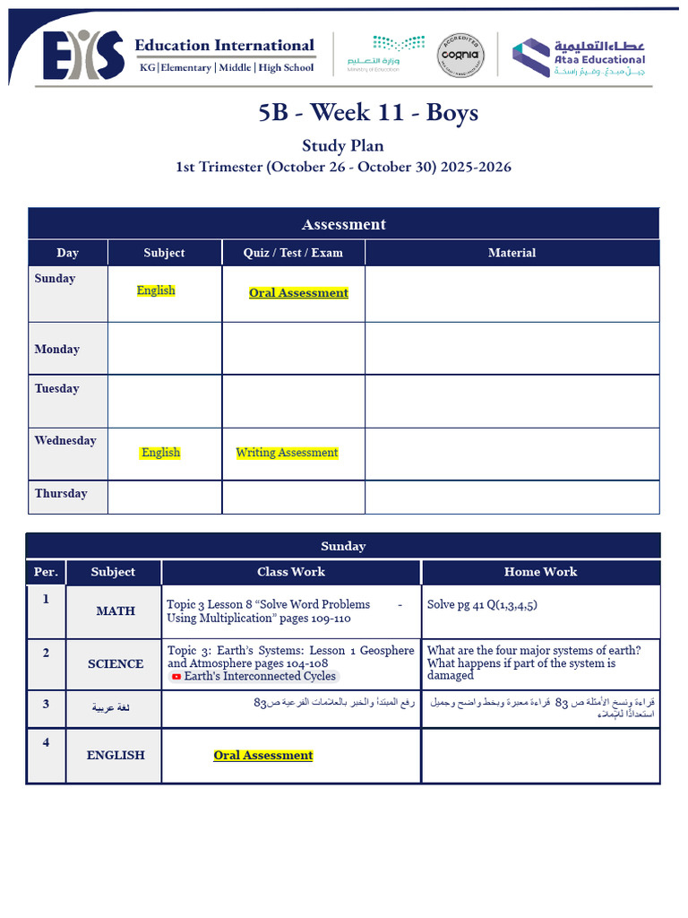 5B - Week 11 Study Plan - Boys (1) | PDF | Linguistics