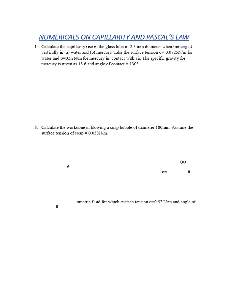 Capillarity and Pascal's Law Calculations | PDF | Surface Tension ...