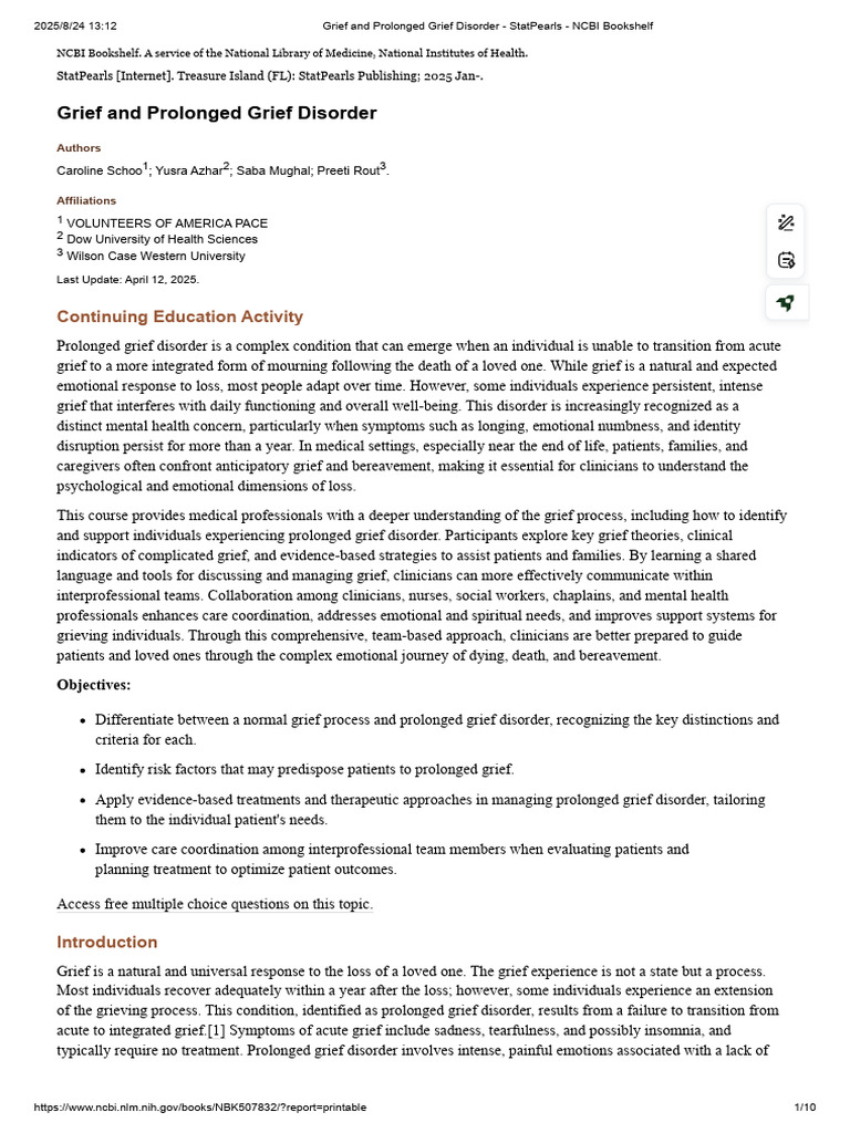 Grief and Prolonged Grief Disorder - StatPearls - NCBI Bookshelf | PDF ...