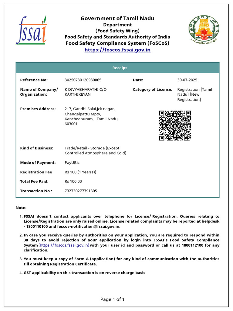 Fssai Receipt | PDF