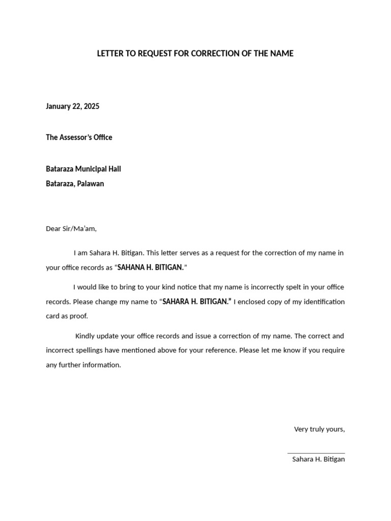 Letter To Request For Correction of The Name | PDF
