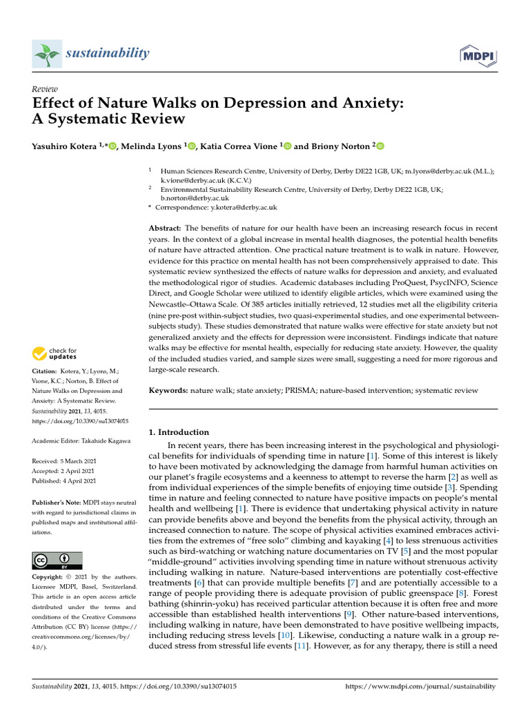 Nature Walks: Impact on Anxiety & Depression | PDF | Selective ...