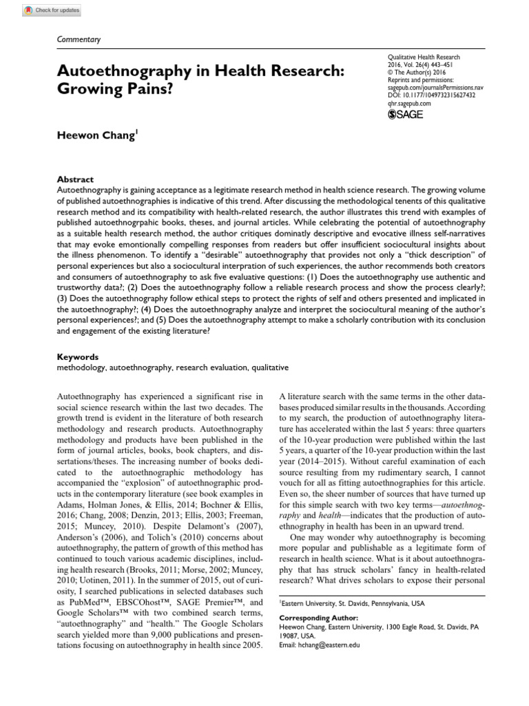 Chang 2016 Autoethnography in Health Research Growing Pains | PDF ...