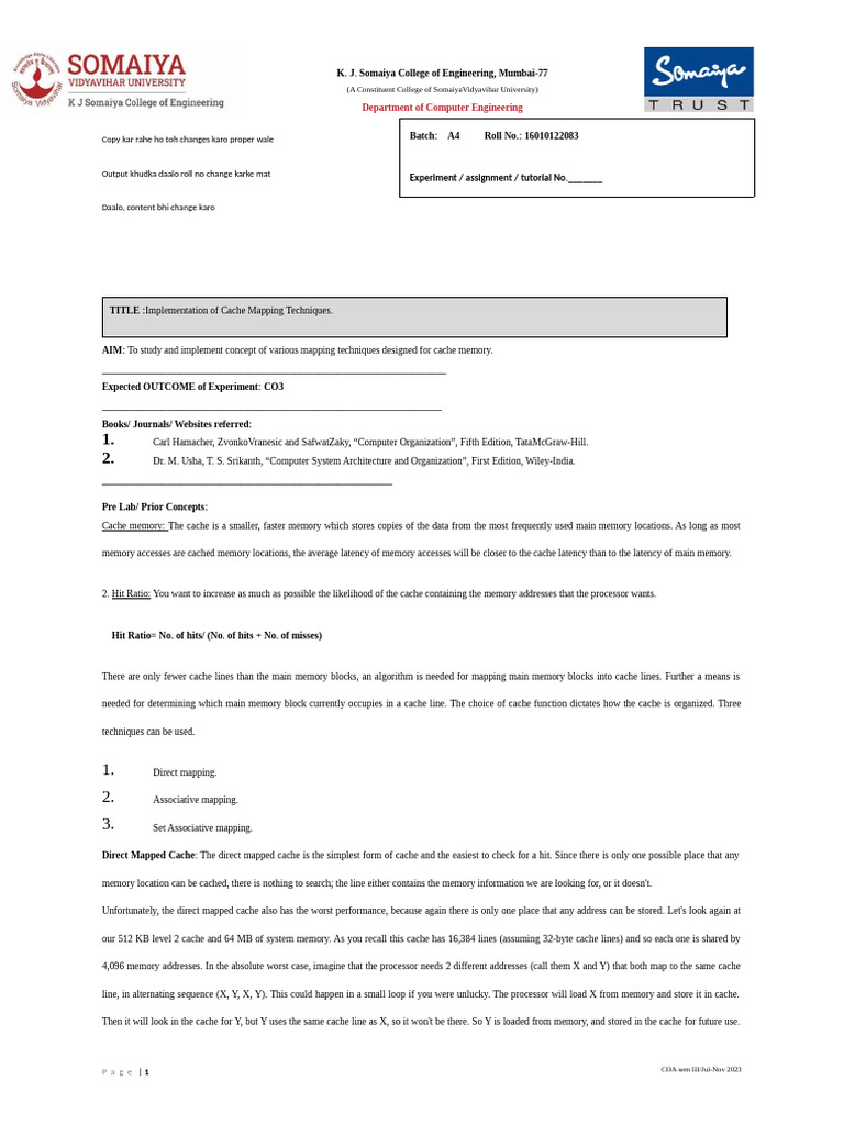 Expt No 8 Cache Mapping Techniques | PDF | Cpu Cache | Computer Programming