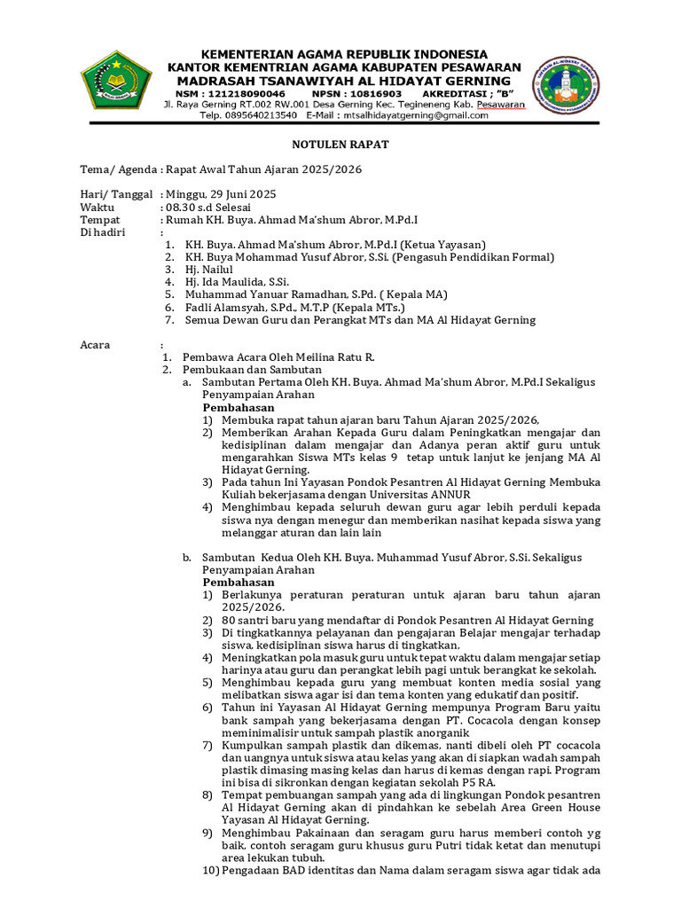 Notulen Rapat Awal Tahun Ajaran 2025/2026 | PDF