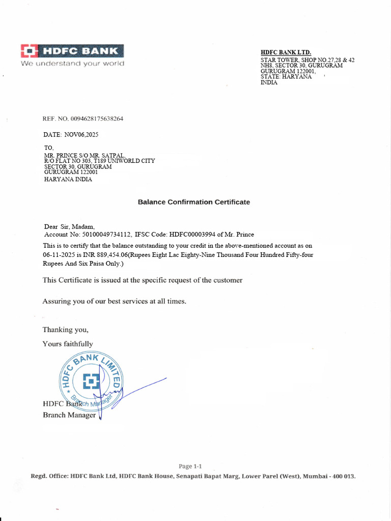 HDFC Bank Balance Certificate Prince - 1 | PDF