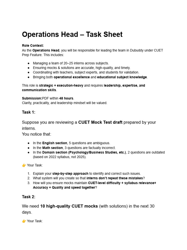 Operations Head Task Sheet for CUET Mocks | PDF | Cognitive Science ...