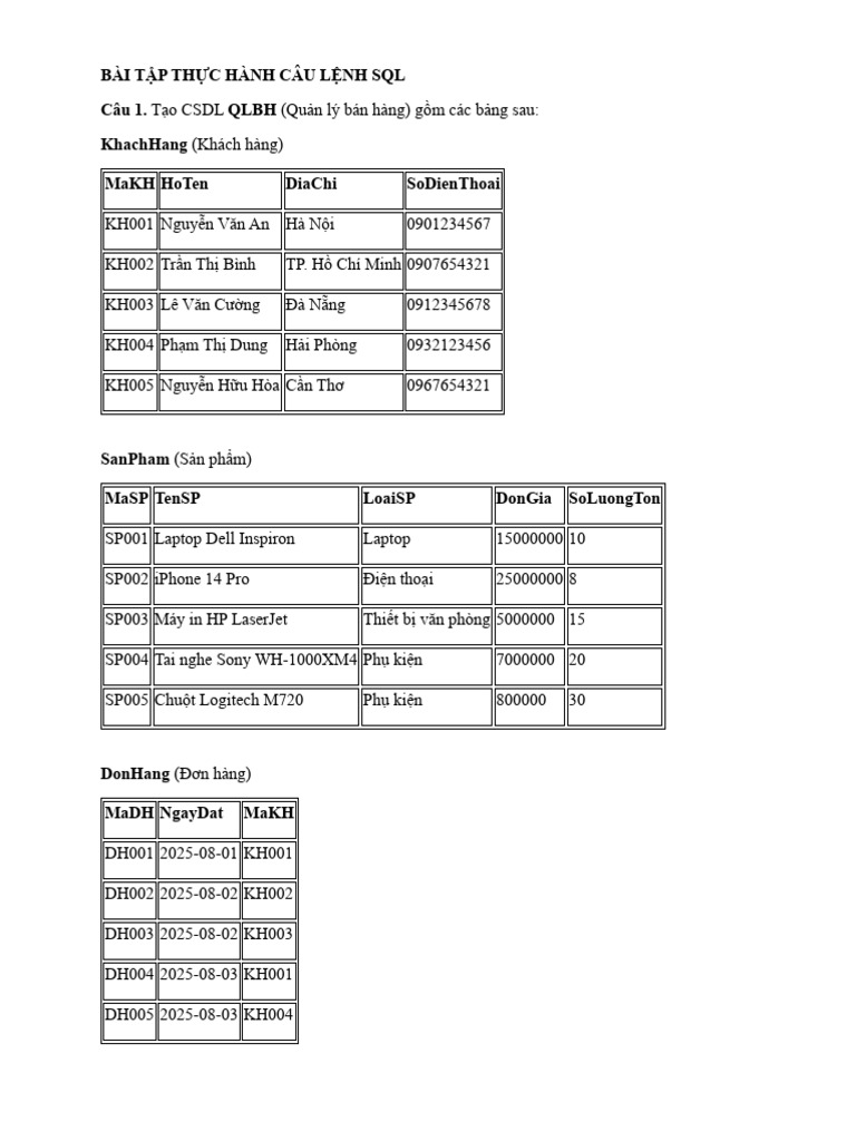Bài Tập Thực Hành Câu Lệnh SQL | PDF