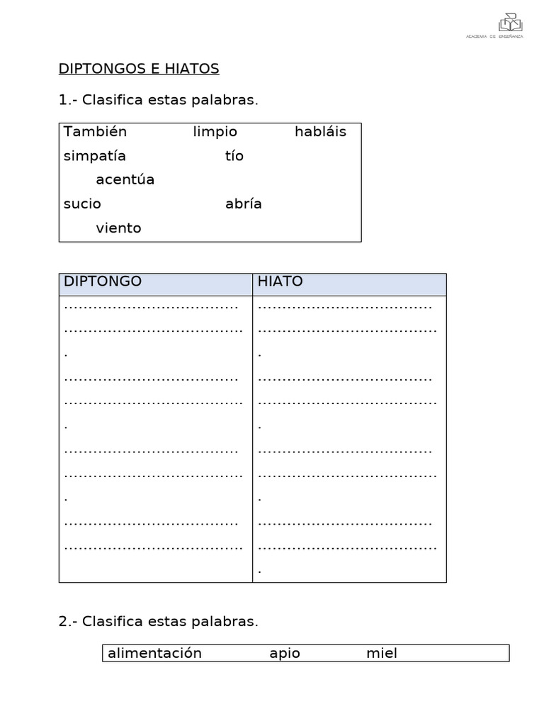 Diptongos y Hiatos: Clasificación de Palabras | PDF | Lingüística | Voz ...