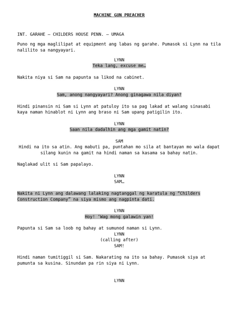 MACHINE GUN PREACHER Excerpt (Sam & Lynn) Tagalog | PDF