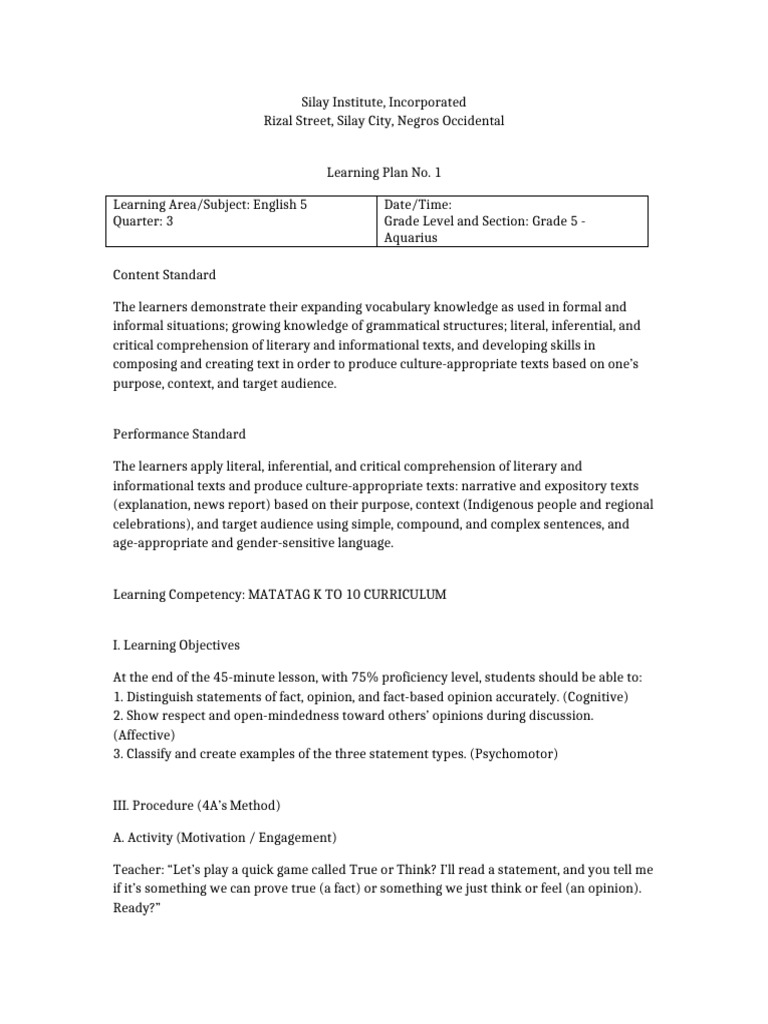 Detailed Lesson Plan Fact and Opinion Raymark Alagos | PDF | Reading Comprehension | Learning