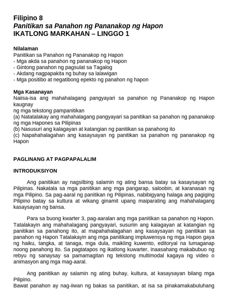 Filipino 8 q3 l1 Gawain | PDF