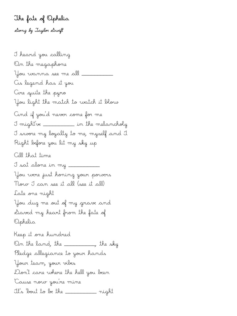 Fate of Ophelia: Lyrics and Worksheet | PDF | Language Families ...
