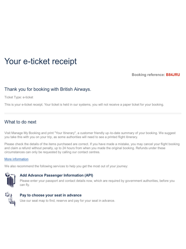 British Airways E-Ticket Receipt | PDF | Fee | Baggage