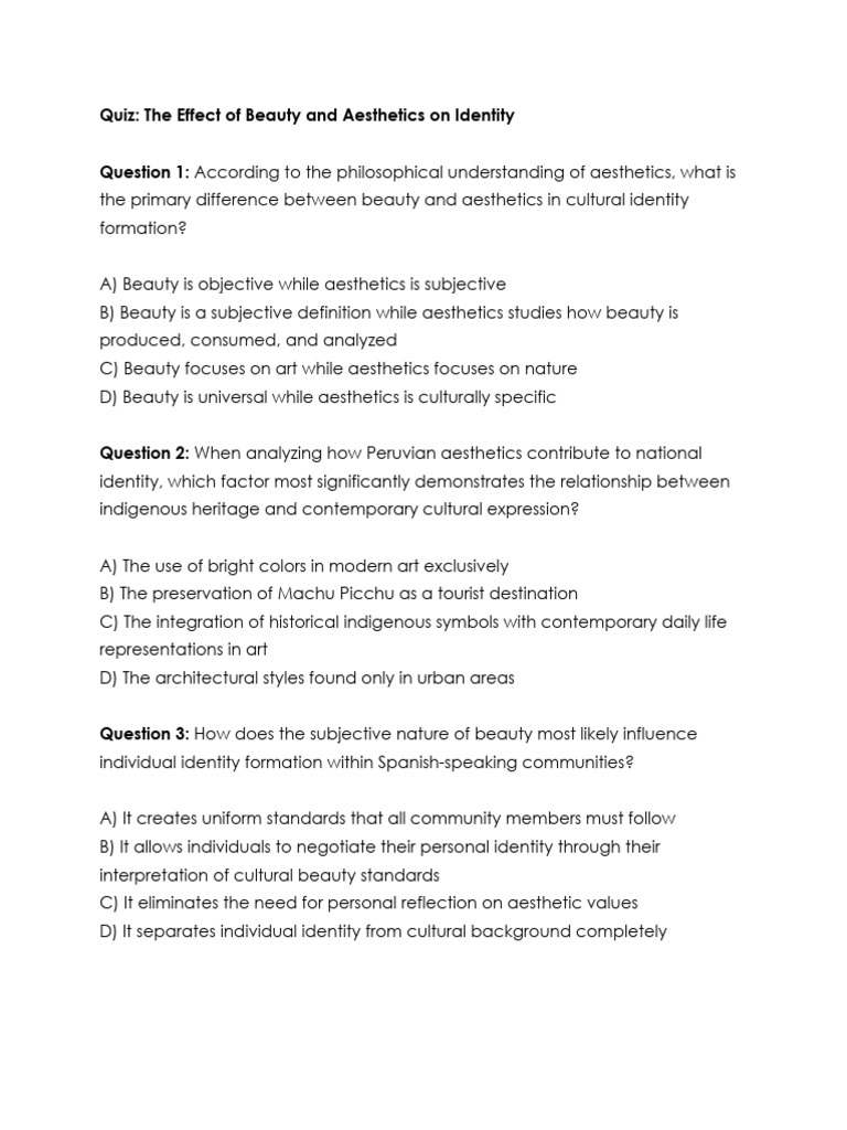 Impact of Beauty on Cultural Identity Quiz | PDF | Aesthetics | Beauty