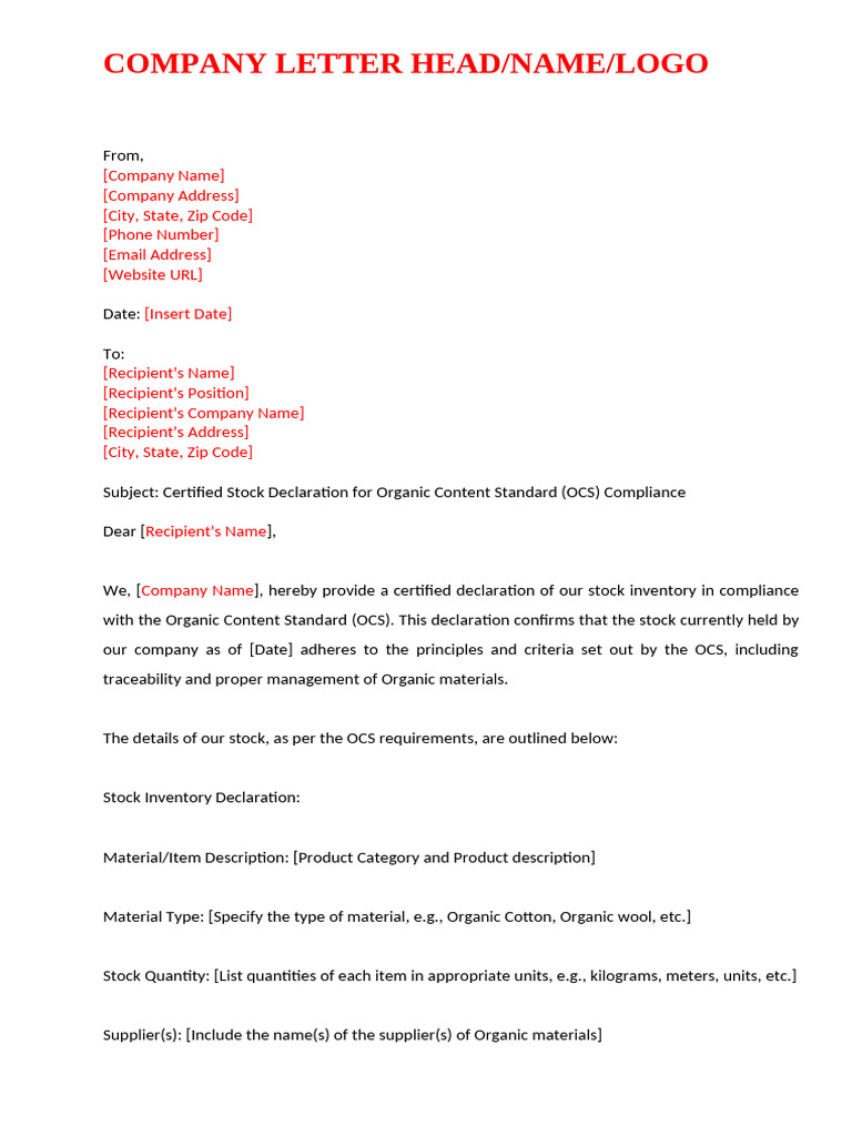 OCS Compliance Stock Declaration Letter | PDF