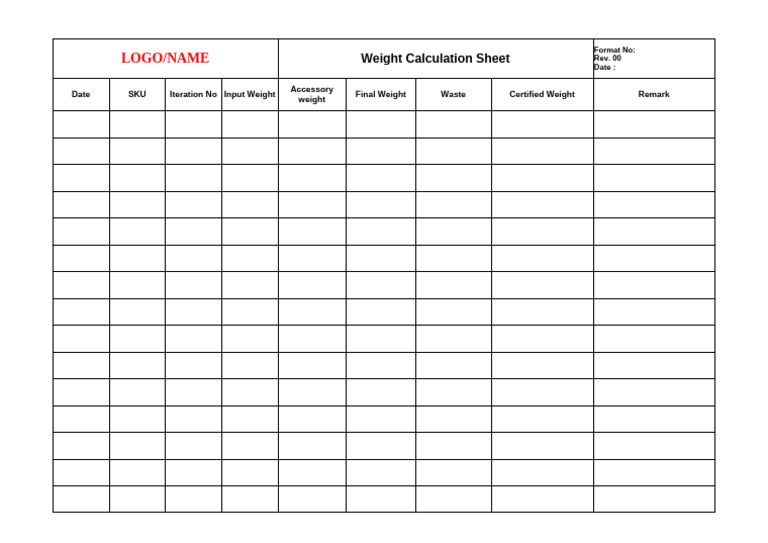 F17 Weight Calculation Sheet | PDF