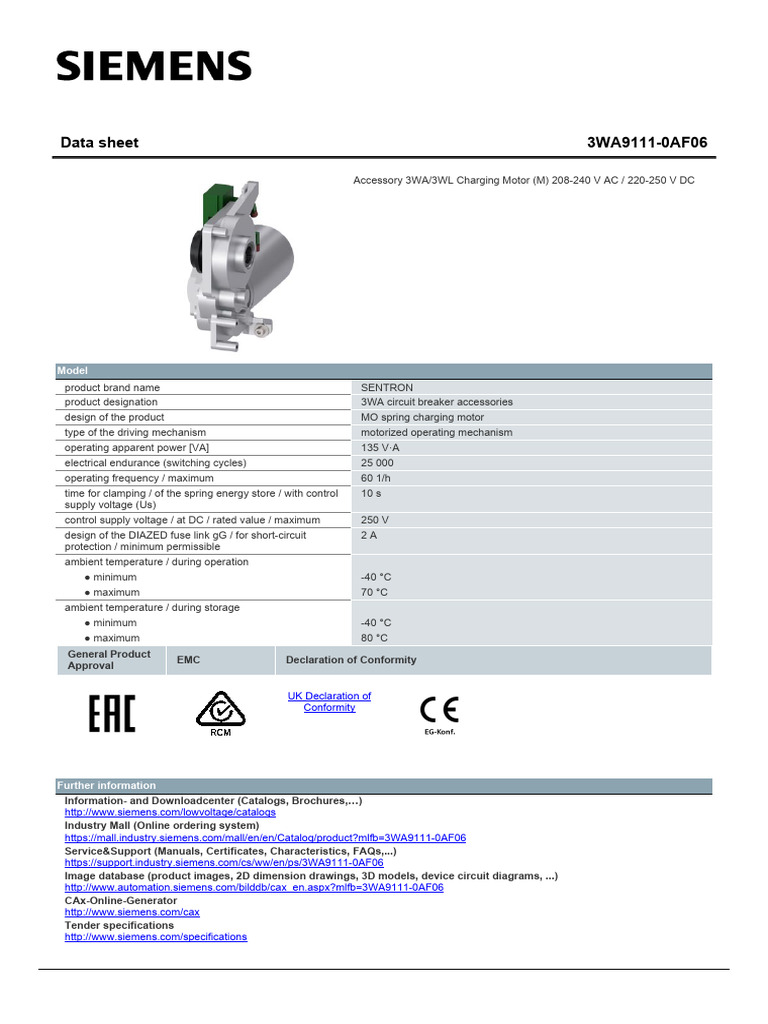 3WA9111-0AF06 Charging Motor Data Sheet | PDF | Fuse (Electrical ...