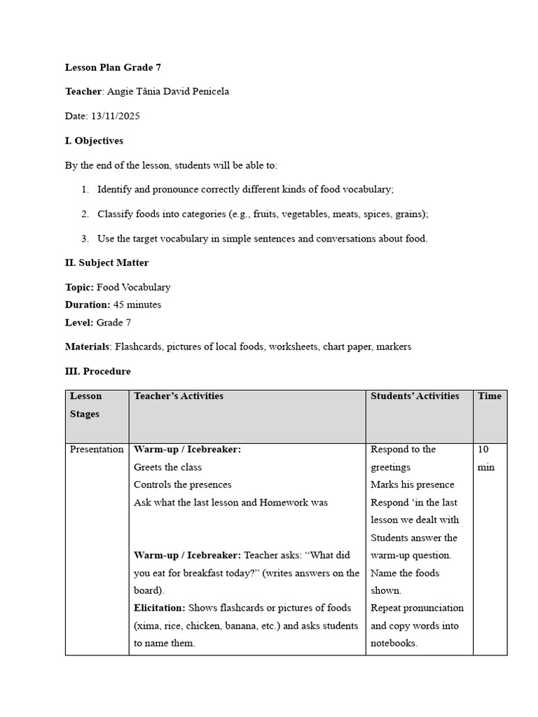 Lesson Plan Angie Tania David Penicela | PDF | Foods | Meal