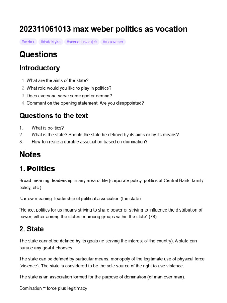 Max Weber Politics As Vocation | PDF