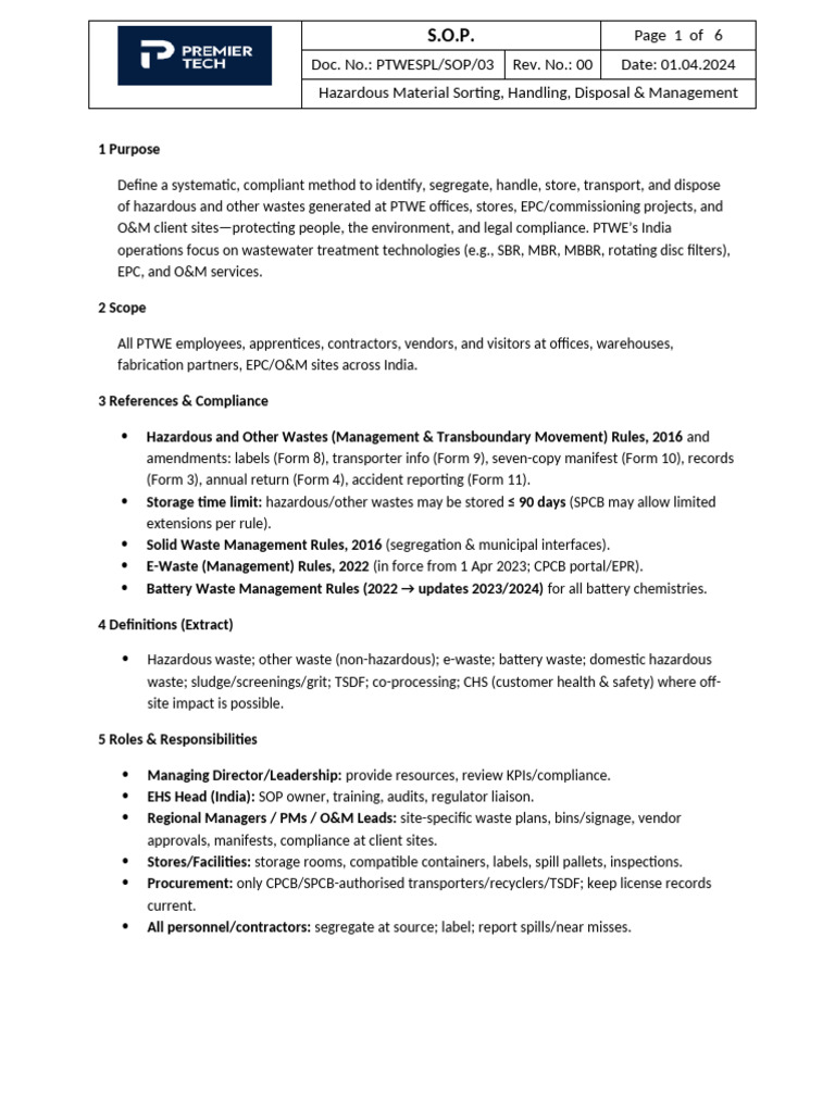 3. SOP - Hazardous Material Sorting, Handling, Disposal & Management | PDF | Waste | Waste ...