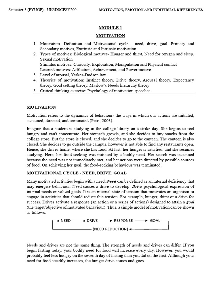 MODULE 1 (S3) Psychology Note | PDF | Motivational | Motivation
