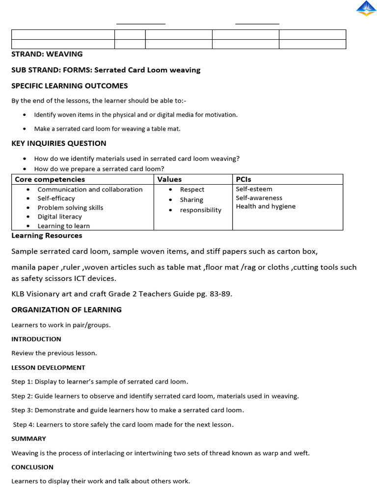 Weaving Lesson Plan for Grade 2 | PDF | Weaving | Loom
