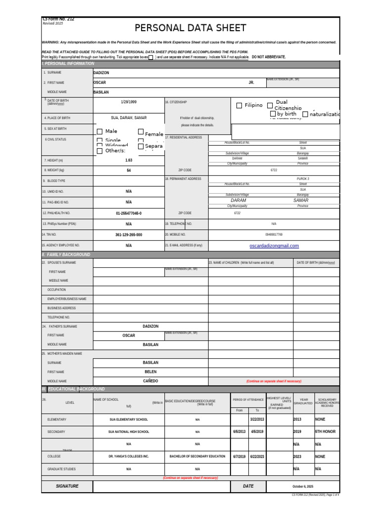 Personal Data Sheet Template 2025 | PDF | Government | Justice
