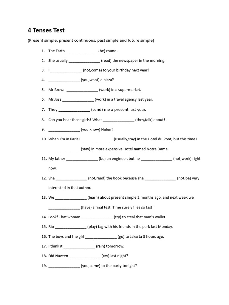 4 Teses Test (Present Simple, Present Continuous, Past Simple, Future ...