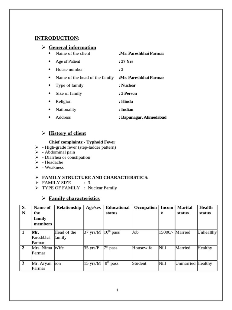 Family Health Assessment: Typhoid Case Study | PDF | Dehydration ...